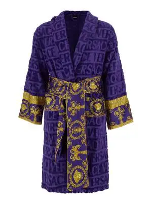 Versace Baroque Print Cotton Bathrobe With Scarf Collar And All-over Logo - Violet