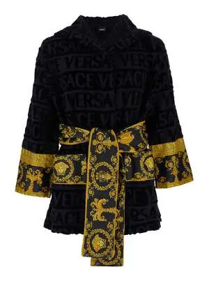 Versace Cotton Terry Bathrobe With Waist Belt, Two Pockets & Baroque Motif Inserts - Black
