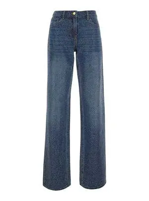 Elisabetta Franchi Wide-leg Denim Jeans With Back Logo Patch And All-over Crystals - Blu