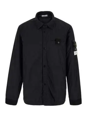 Stone Island Tech Fabric Crinkled Jacket With Logo Sleeve Patch And Patch Pocket - Black