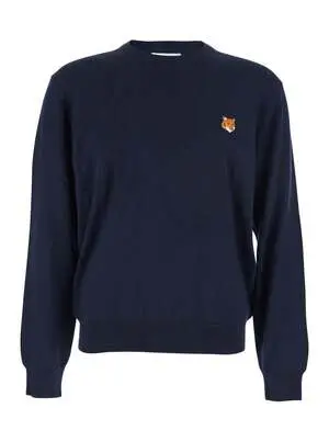 Maison Kitsuné Wool Crew Neck Sweater With Front Fox Patch - Blu