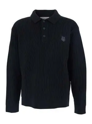 Maison Kitsuné Ribbed Cotton Sweater With Front Logo Patch - Black