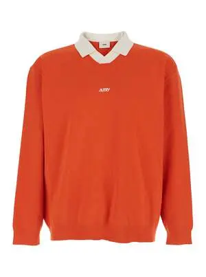 AUTRY Polo Collar Cotton-blend Sweater With Front Logo - Orange