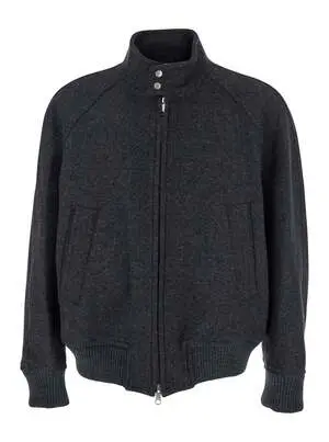 AFTER PRAY Wool Blend Zip-front High Collar Jacket With Welt Pockets For - Grey