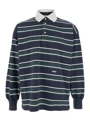 AUTRY Long-sleeve Cotton Polo Shirt With Classic Collar And All-over Striped Motif - Blu