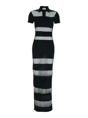Coperni Polo Collar Long Dress With Logo Embroidery And All-over Stripes - Black