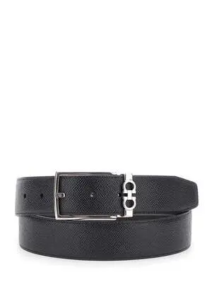 FERRAGAMO Reversible Belt With Gancini Hook Buckle In Grained Leather - Black