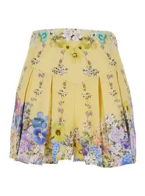 Camilla Linen & Silk Floral Print Shorts With Crystal Embellishments And High Waist - Multicolor