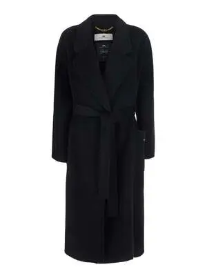 Elisabetta Franchi Belted Notched Revers Tech Fabric Jacket With Long Sleeves - Black