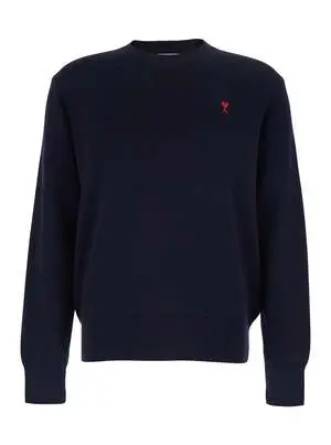 AMI Paris Crewneck Sweater With Front Adc Embroidery In Wool Blend - Blu