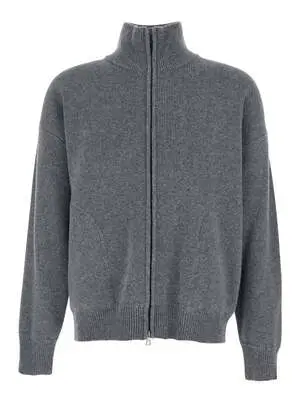 ROBERTO COLLINA Wool High-neck Sweatshirt With Dropped Shoulders And Front Zip - Grey