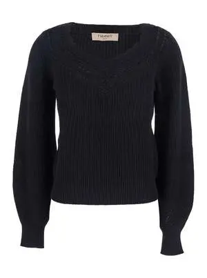 TWINSET Wool And Cotton Sweater With Embroidered Collar And Elastic Cuffs - Black