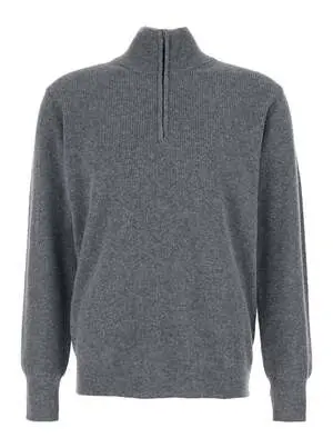 ROBERTO COLLINA Ribbed Wool Sweater With High Neck And Half Zip - Grey