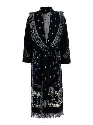 Alanui Wool Bandana Motif Scarf-collar Dress With Frayed Edges - Black