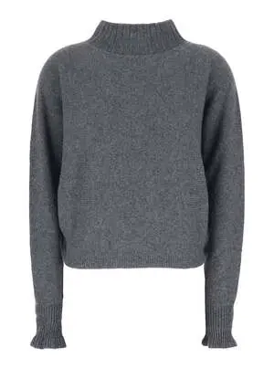 TWINSET Wool Blend Turtleneck Sweater With Metallic Back Logo Plaque And Flared Cuffs - Grey