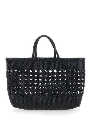 OSOI Biscuit Tote Handbag With Double Round Handles, Woven Ecoleather Design And Tie-front Bow 40x24x11 Cm - Black