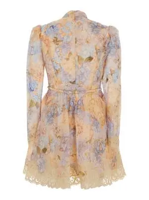 Zimmermann Valiant Panelled Mini Dress In Linen And Silk With V-neck And Long Sleeves - Blu