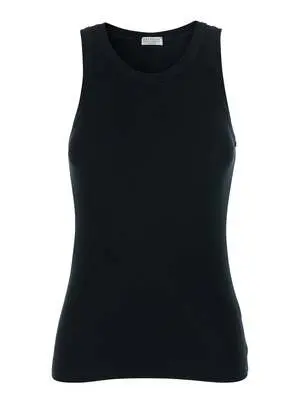 Brunello Cucinelli Ribbed Cotton Sleeveless Top With Round Neck - Black