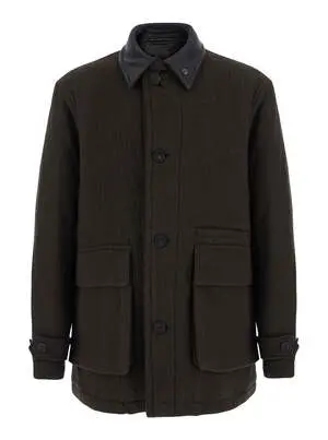 COOR Leather Patchwork Trimming Jacket With Classic Collar And Long Sleeves