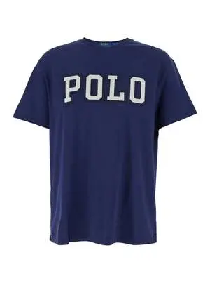 Polo Ralph Lauren Cotton Crewneck T-shirt With Logo Lettering And Pony Embroidery - Blu
