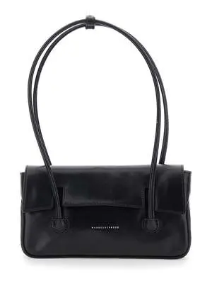 MARGESHERWOOD Shoulder Handbag With Flap And Chain Handle, Snap Closure, Leather, 25 X 15 X 6 Cm - Black