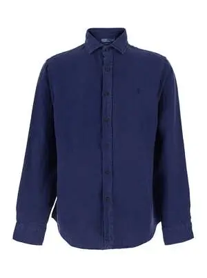 Polo Ralph Lauren Linen Button-front Shirt With Classic Collar And Tone-on-tone Pony Embroidery - Blu