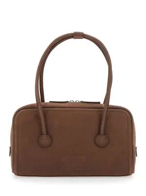 MARGESHERWOOD Soft Boston Small Leather Shoulder Handbag With Two Top Handles And Logo Lettering - Brown