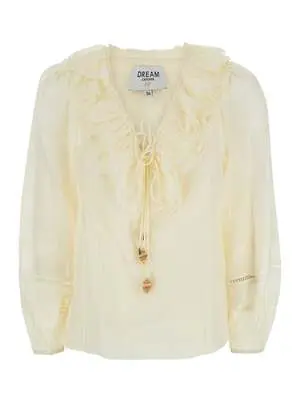 DREAM CATCHER Inspired V-neck Blouse With Tassel Tie And Ruffle Collar