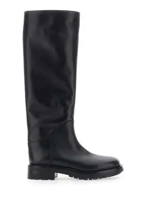 STRATEGIA Slip-on Leather Boots With Round Toe And High Rubber Serrated Sole - Black