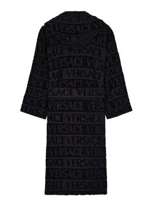 Versace Printed Logo Cotton Bathrobe With Scarf Collar - Black