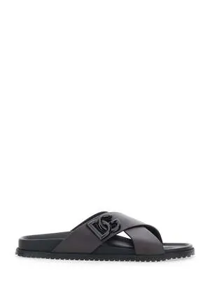 DOLCE E GABBANA Leather Sandals With Logo Detail And Criss-cross Straps - Brown