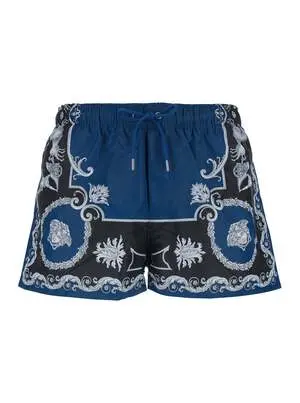 Versace Tech Fabric Geometric Print Swim Shorts With Elastic Waist & Drawstring - Blu