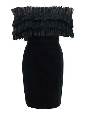 Elisabetta Franchi Ruffle Off-shoulder Velvet Mini Dress With Back Zip - Black