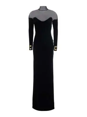 Elisabetta Franchi Long Velvet Dress With V-neck And Long Sleeves - Black