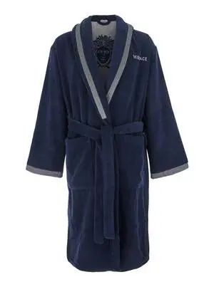 Versace Medusa Jacquard Hooded Cotton Bathrobe With Waist Tie - Blu