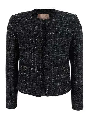 TWINSET Tech Fabric Blazer Jacket With Classic Collar, Button Front & Side Pockets - Grey