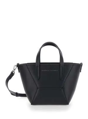 Brunello Cucinelli Duo Mini Leather Handbag With Logo Lettering, Magnetic Closure & Removable Strap - Black