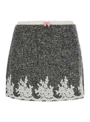 MARKGONG Gray Mini Skirt With Lace Trim & Tweed Finish - Grey
