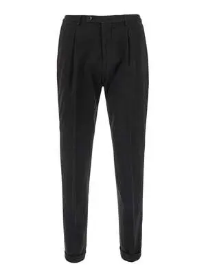 MICHAEL COAL Stretch Cotton Trousers With Logo Patch, Cuffed Hem & Pleated Front - Brown