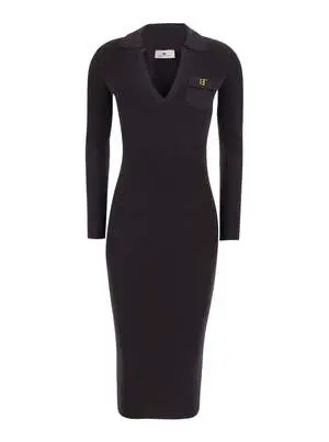 Elisabetta Franchi Tech Fabric V-neck Logo Pocket Dress With Shirt Collar - Brown