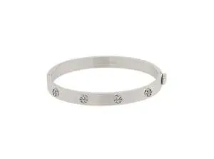 Tory Burch Engraved Logo Bracelet With Clip Closure In Steel For - Metallic