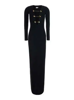 Elisabetta Franchi Viscose Blend Stretch Long Dress With Deep V-neck And Gold Chain Front Detail - Black