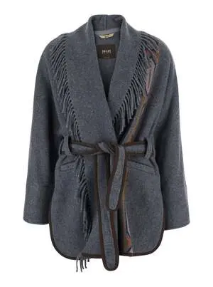 BAZAR DELUXE Navajo-inspired Geometric Bule Jacket With Front Belt And Fringe Details - Grey