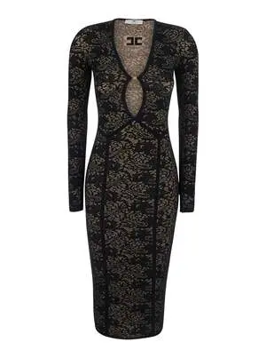 Elisabetta Franchi V-neck Tech Fabric Lace Mini Dress With Logo Plaque - Black