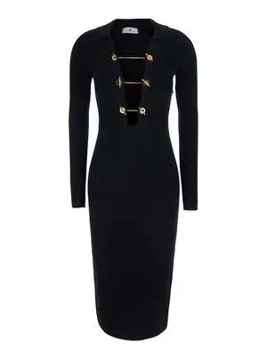 Elisabetta Franchi Deep V-neck Long Sleeve Chain-front Viscose Blend Dress - Black