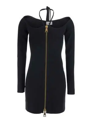 Elisabetta Franchi Mini Dress With Front Zip And Adjustable Neck Tie In Blend Viscose For - Black