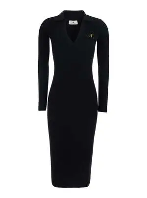 Elisabetta Franchi V-neck Tech Fabric Dress With Logo Pocket - Black