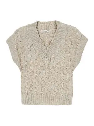 Brunello Cucinelli V-neck Sleeveless Silk-linen Sequin Detail Vest - Beige