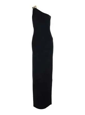 Elisabetta Franchi Long One-shoulder Sleeveless Dress With Asymmetric Neckline And Gold Plate Detail - Black