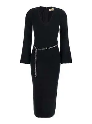 Michael Kors V-neck Wool-blend Knit Dress With Chain Belt & Back Logo Plaque - Black
